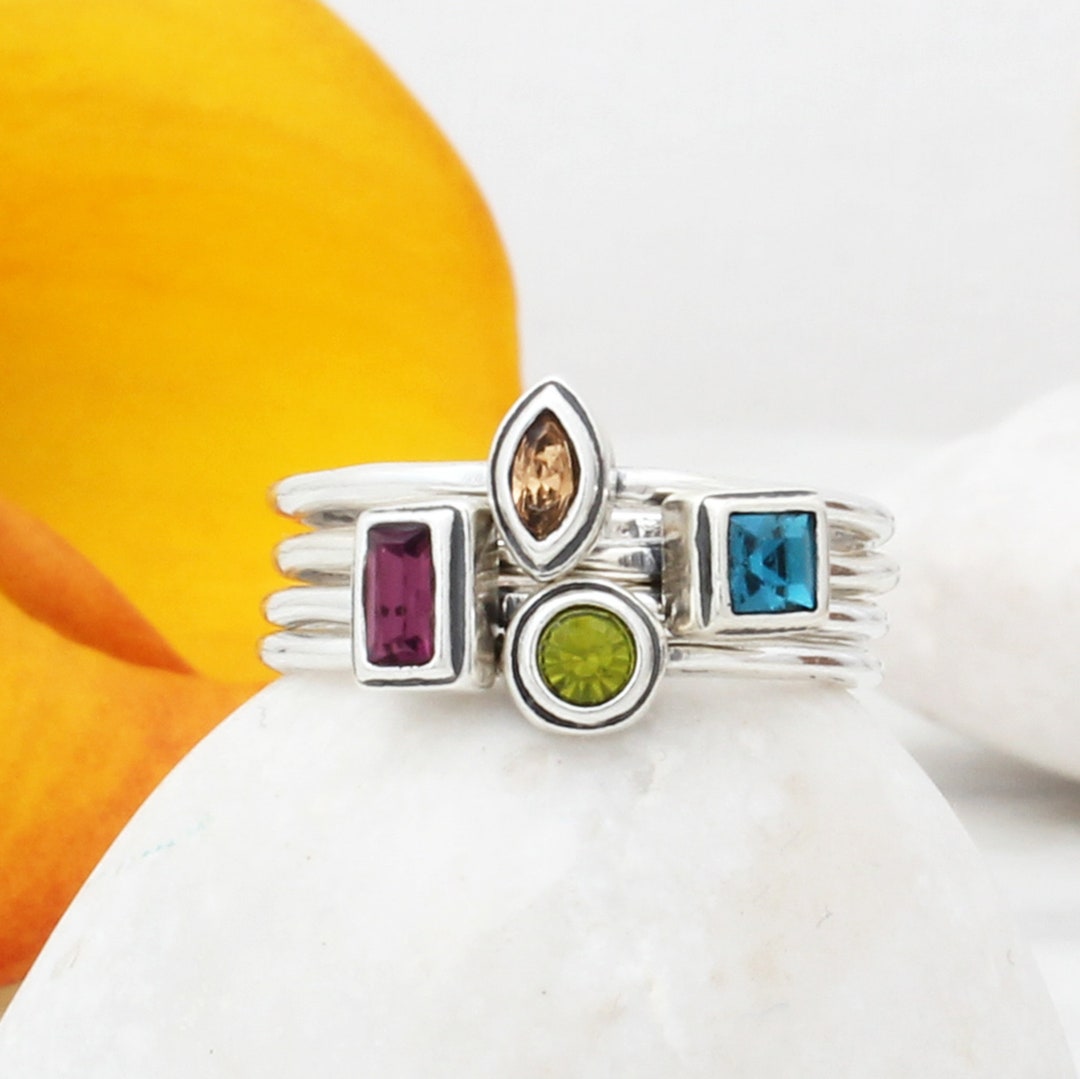 Mother's Birthstone Stack Rings • Set of 4 Silver Birthstone Bands ...