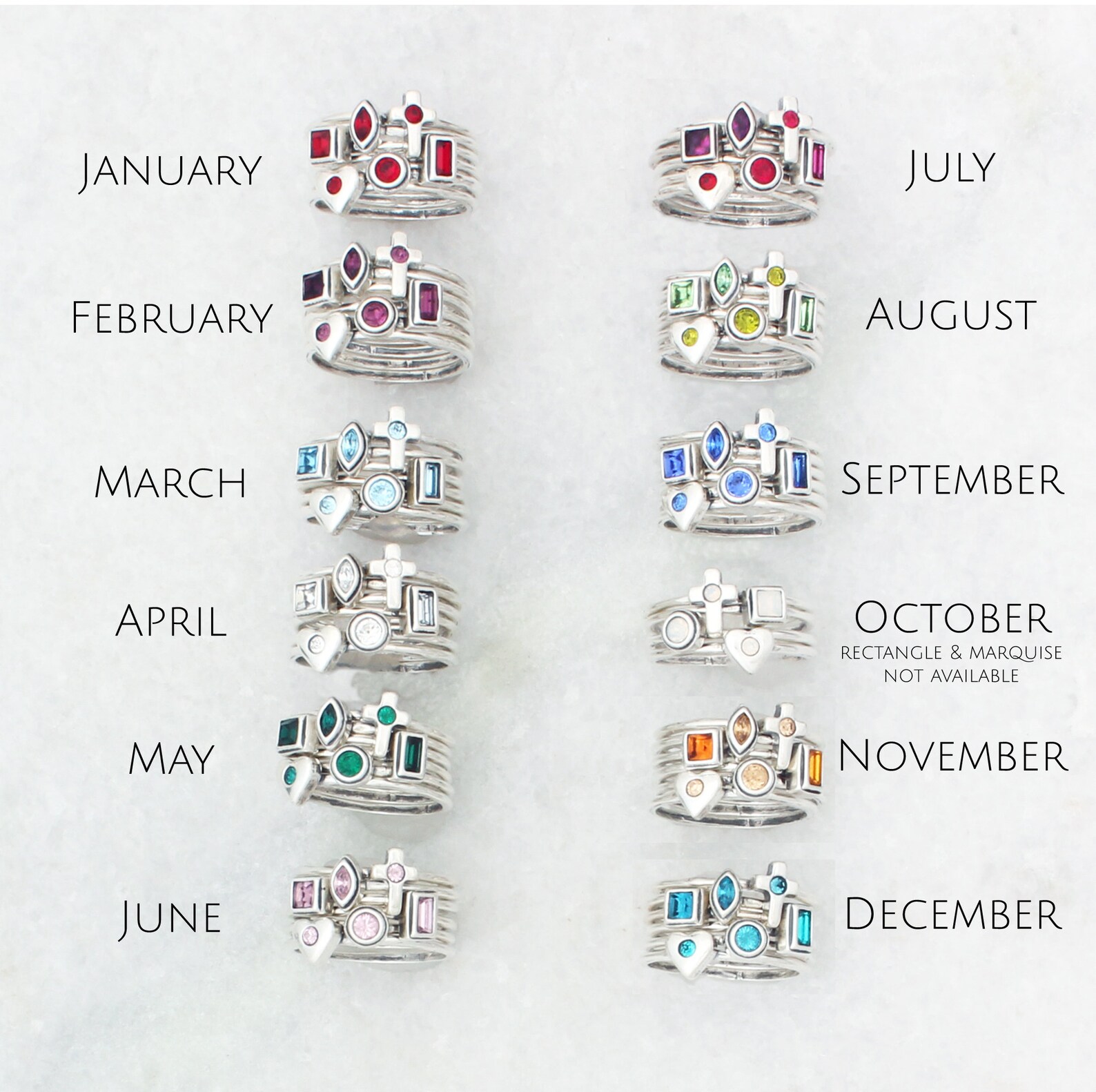 Mother's Stackable Birthstone & Initial Rings in Sterling Silver • 3 Birthstones and 1 Initial ...