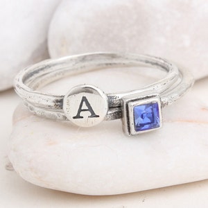 Silver Stacking Ring Set With Birthstone and Initial • Set of 2 Rings-1 ...