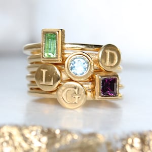Stackable Sterling Silver Family Birthstone and Initial Ring Set ...