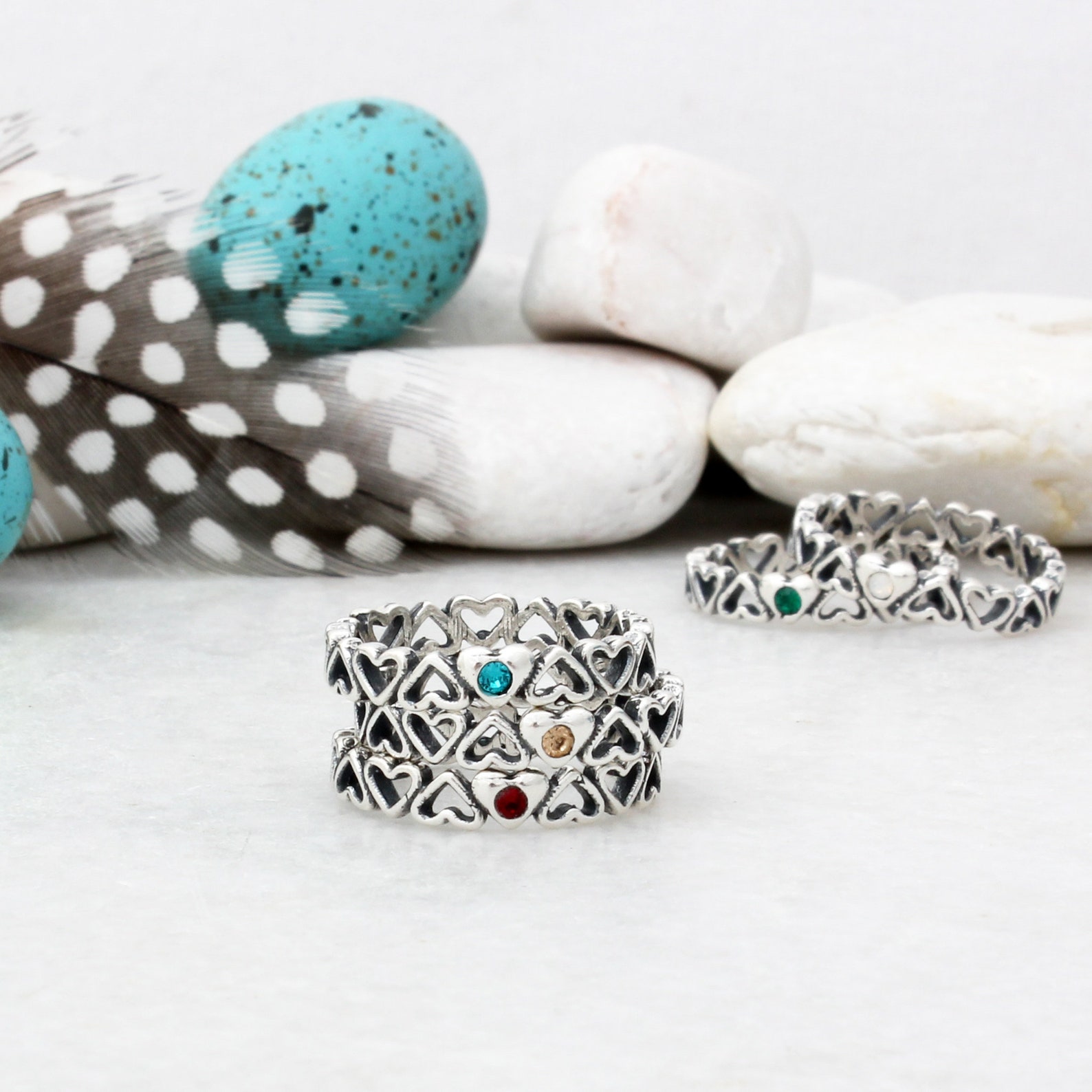 Heart Stack Birthstone Rings • Sterling Silver Stackable Birthstone ...