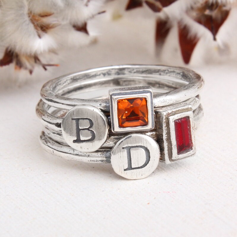 Silver Stacking Rings With 2 Initials and 2 Birthstones • Family Ring ...