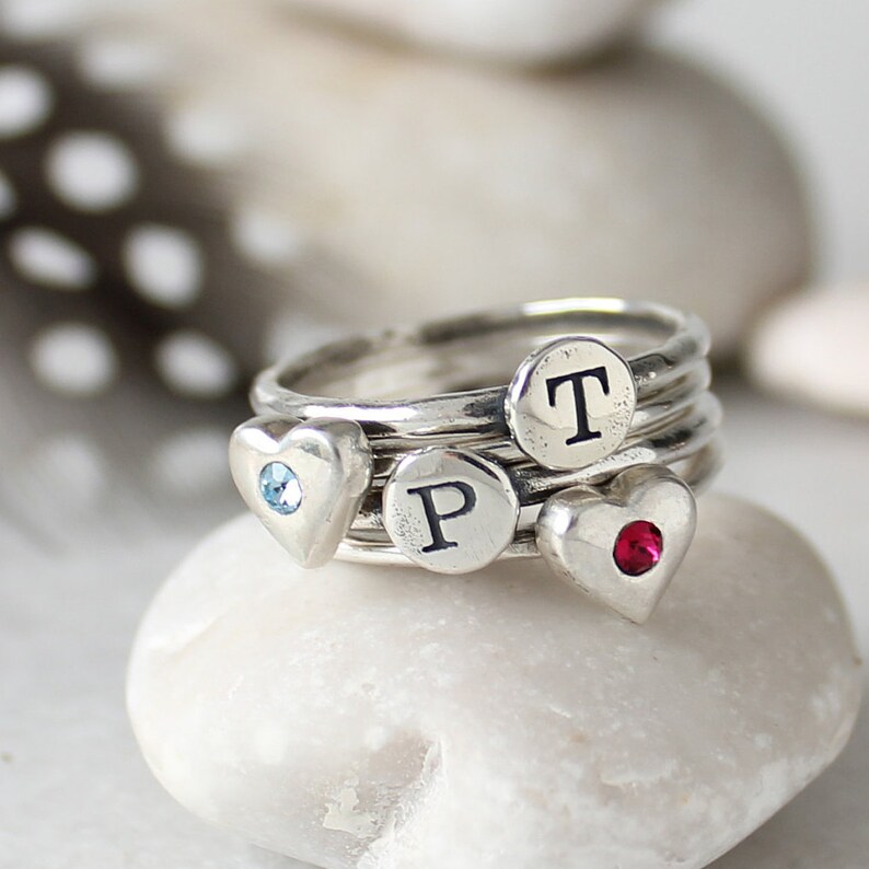 Silver Stacking Rings With 2 Initials and 2 Birthstones • Family Ring ...