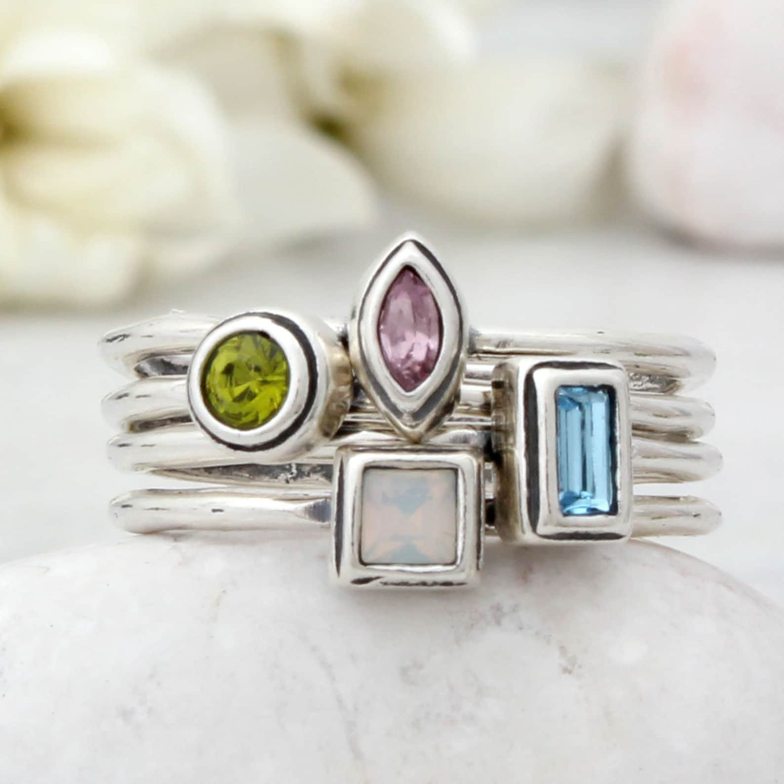 Set of 4 Silver Stacking Family Birthstone Rings Perfect for - Etsy