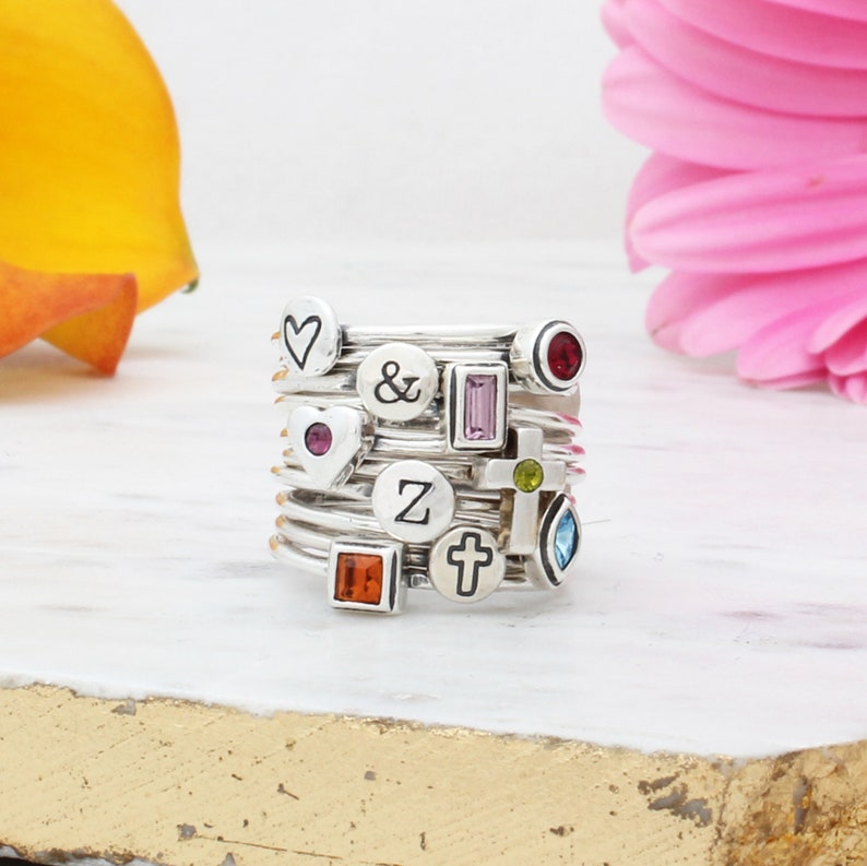 Stacking Birthstone Rings Stackable Initial Rings Stack - Etsy