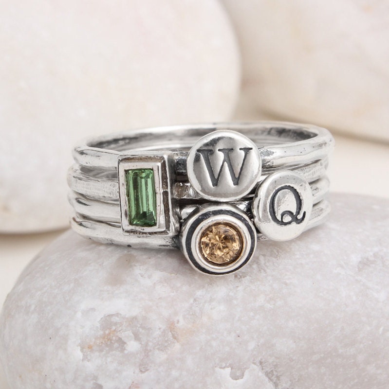Silver Stacking Rings with 2 Initials and 2 Birthstones | Etsy