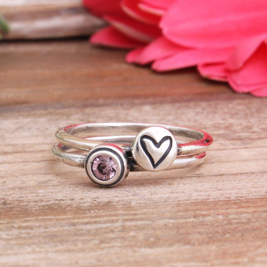 Heart Ring Stacking Set • Heart and Birthstone Silver Ring Set ...