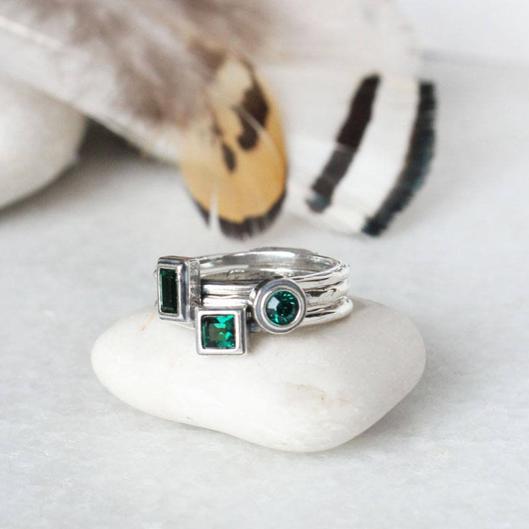 May Birthstone Ring in Sterling Silver • Stackable Mothers Ring With ...