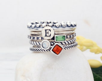 Mother's Stackable Birthstone & Initial Rings in Sterling | Etsy