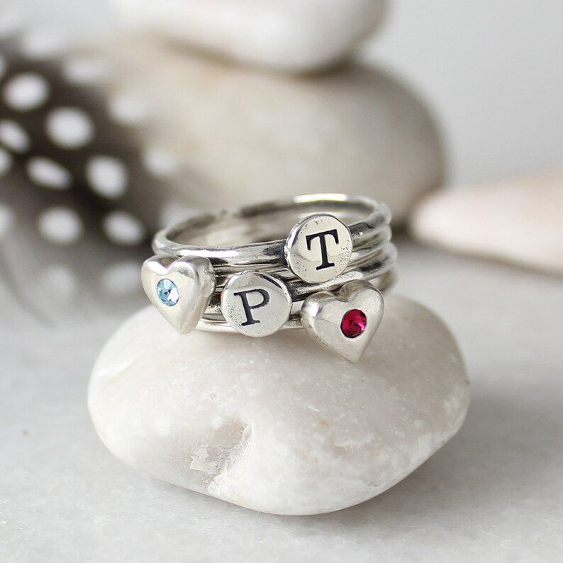 Stacking Initial Rings and Birthstone Rings in Silver Stack - Etsy