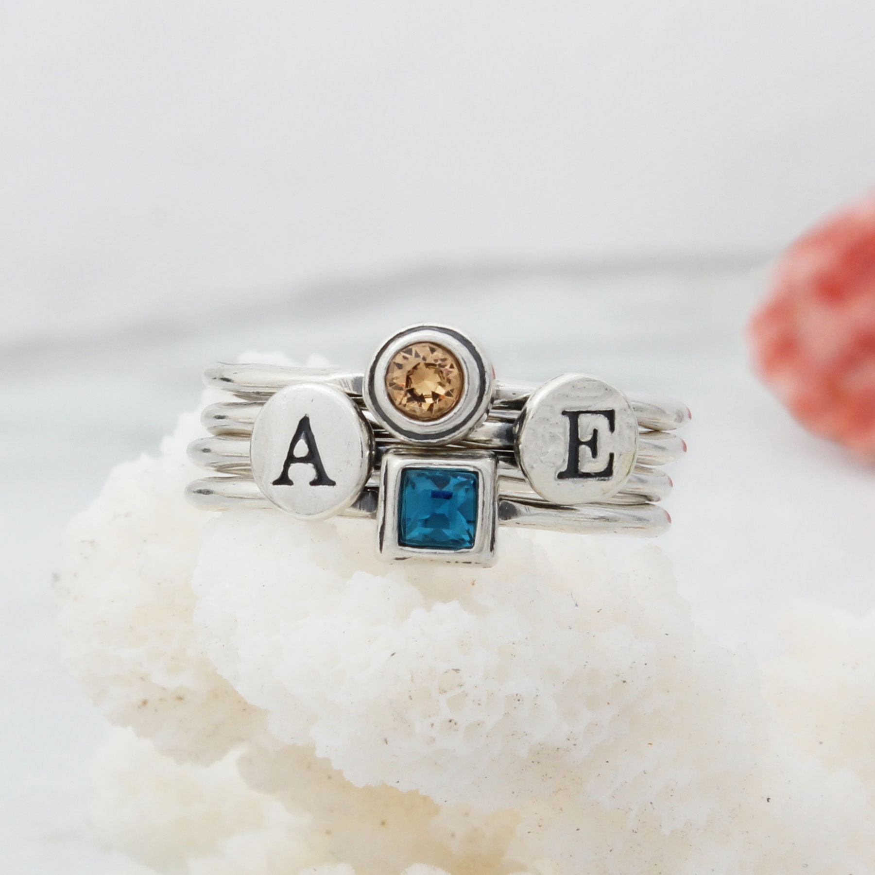 Stacking Initial Rings and Birthstone Rings in Silver Stack | Etsy