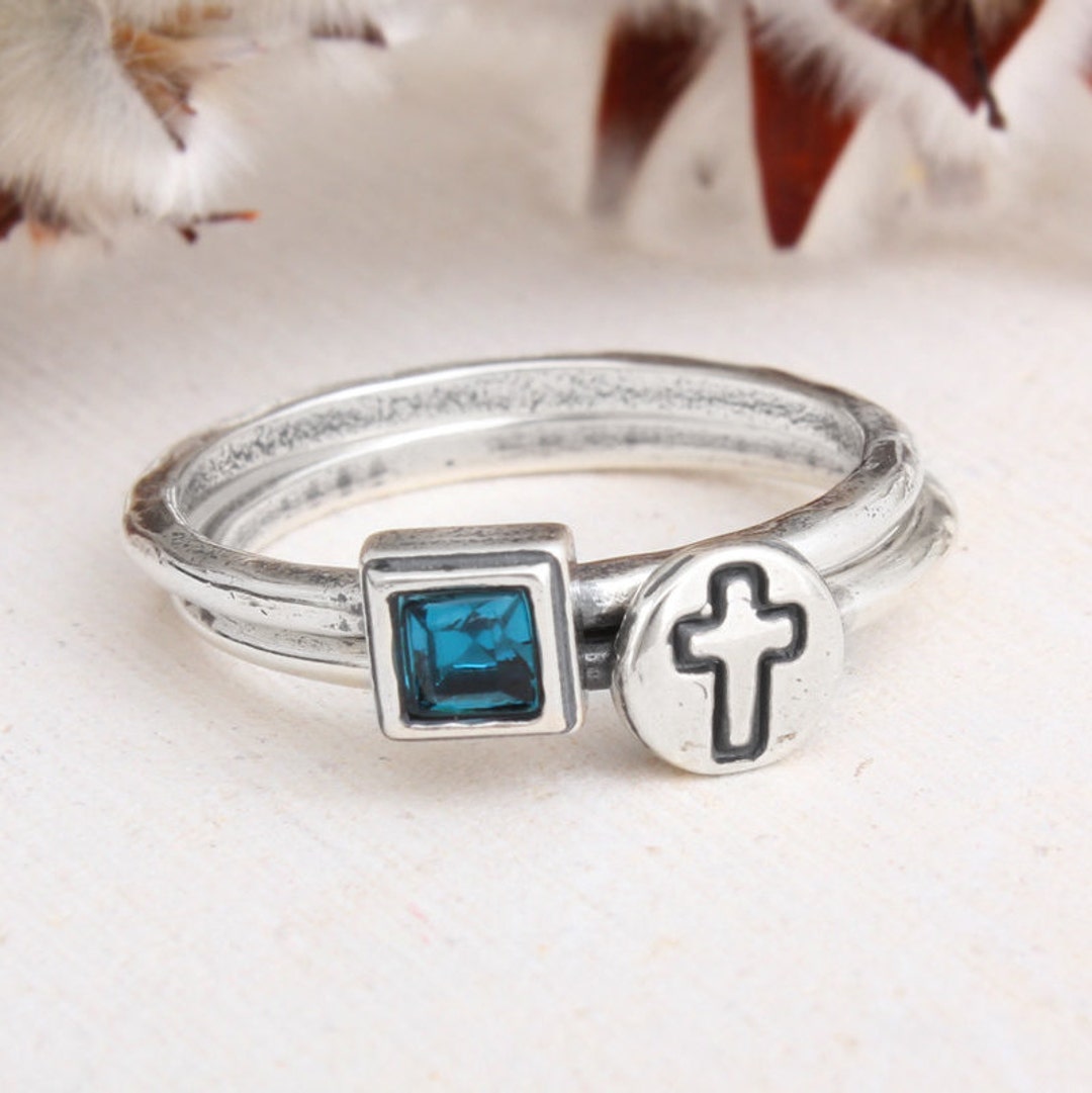 Christian Ring Set of One Cross or Heart and a Birthstone Ring in ...