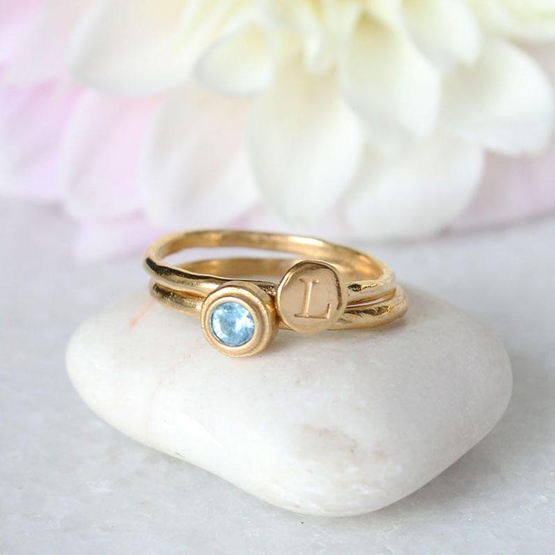 March Birthstone Ring in Gold Stacking Ring With Aquamarine | Etsy