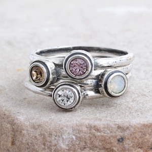 April Birthstone Ring in Sterling Silver • Stackable Mothers Ring ...