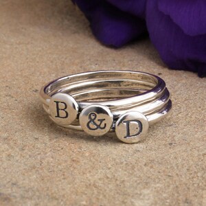 Stacking Initial and Symbol Ring • Sterling Silver Set of 3 Bands • Sterling Mothers Ring ...