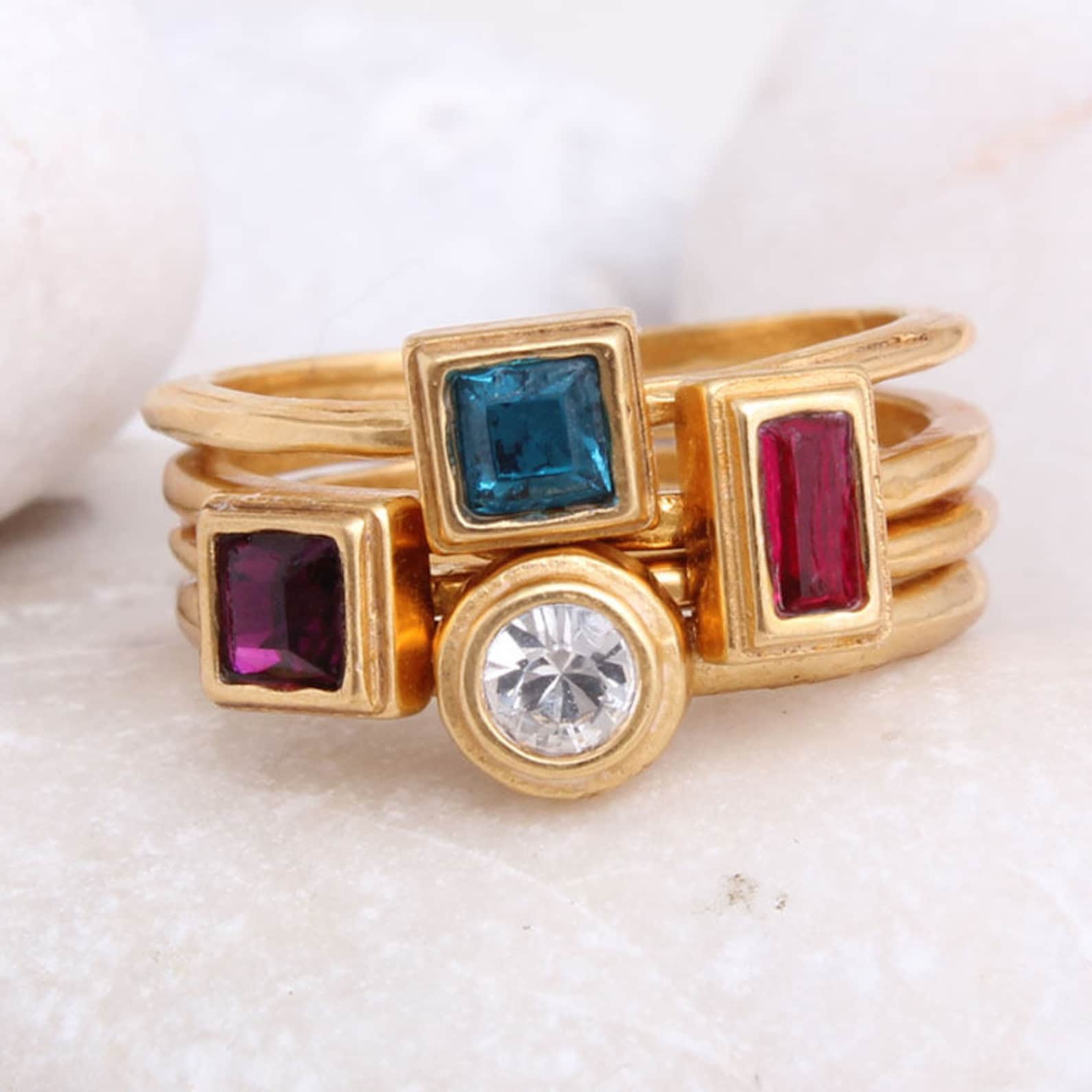 April Birthstone Ring in Gold. Stacking Mothers Ring With - Etsy