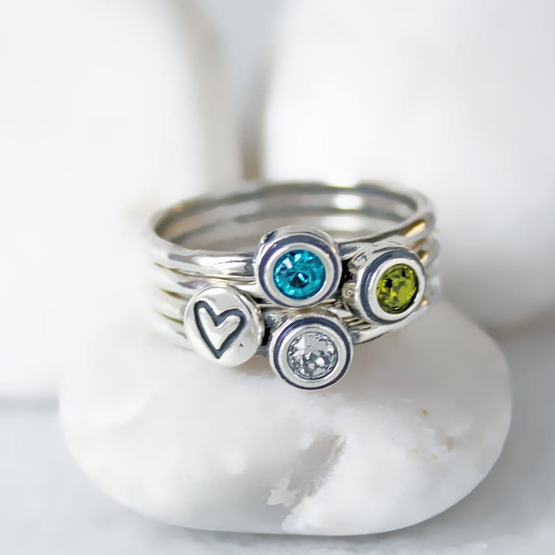 Silver Stacking Ring Ring Set Birthstone Rings Initial | Etsy