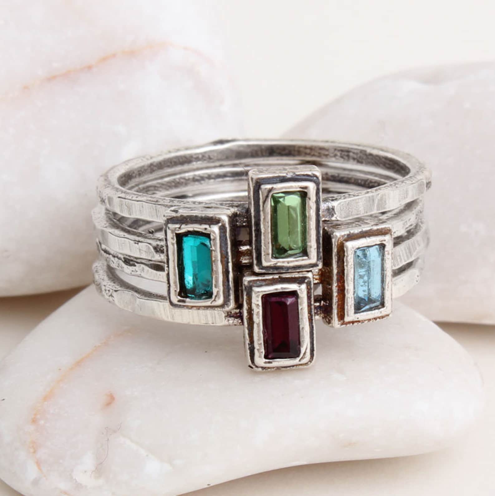 Set of 4 Silver Stacking Family Birthstone Rings Perfect for - Etsy