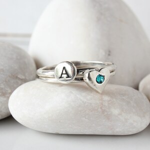 Initial & Birthstone Stacking Ring Set in Sterling Silver ...