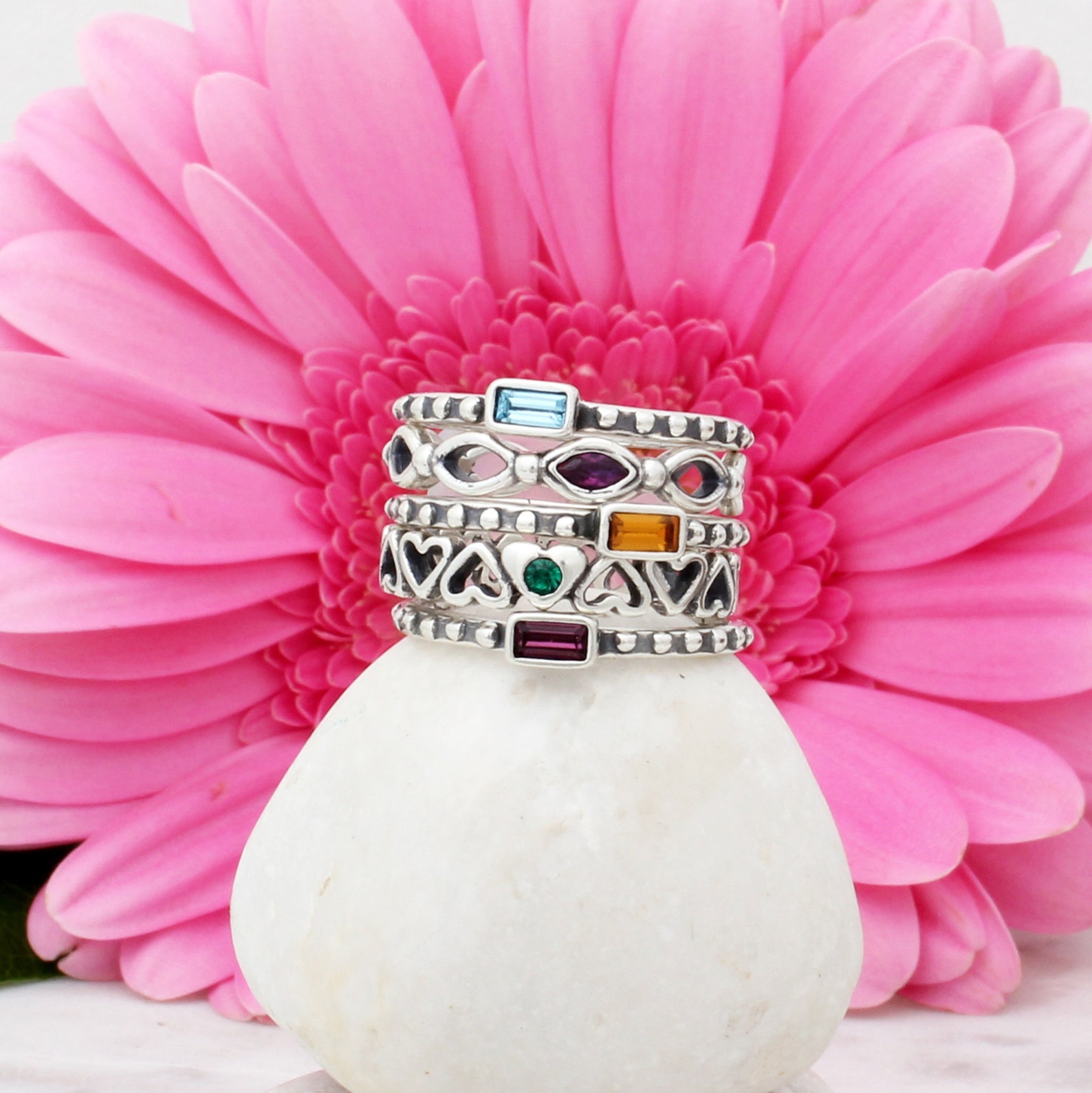 Set of 3 Stacking Family Birthstone Rings Sterling Silver - Etsy