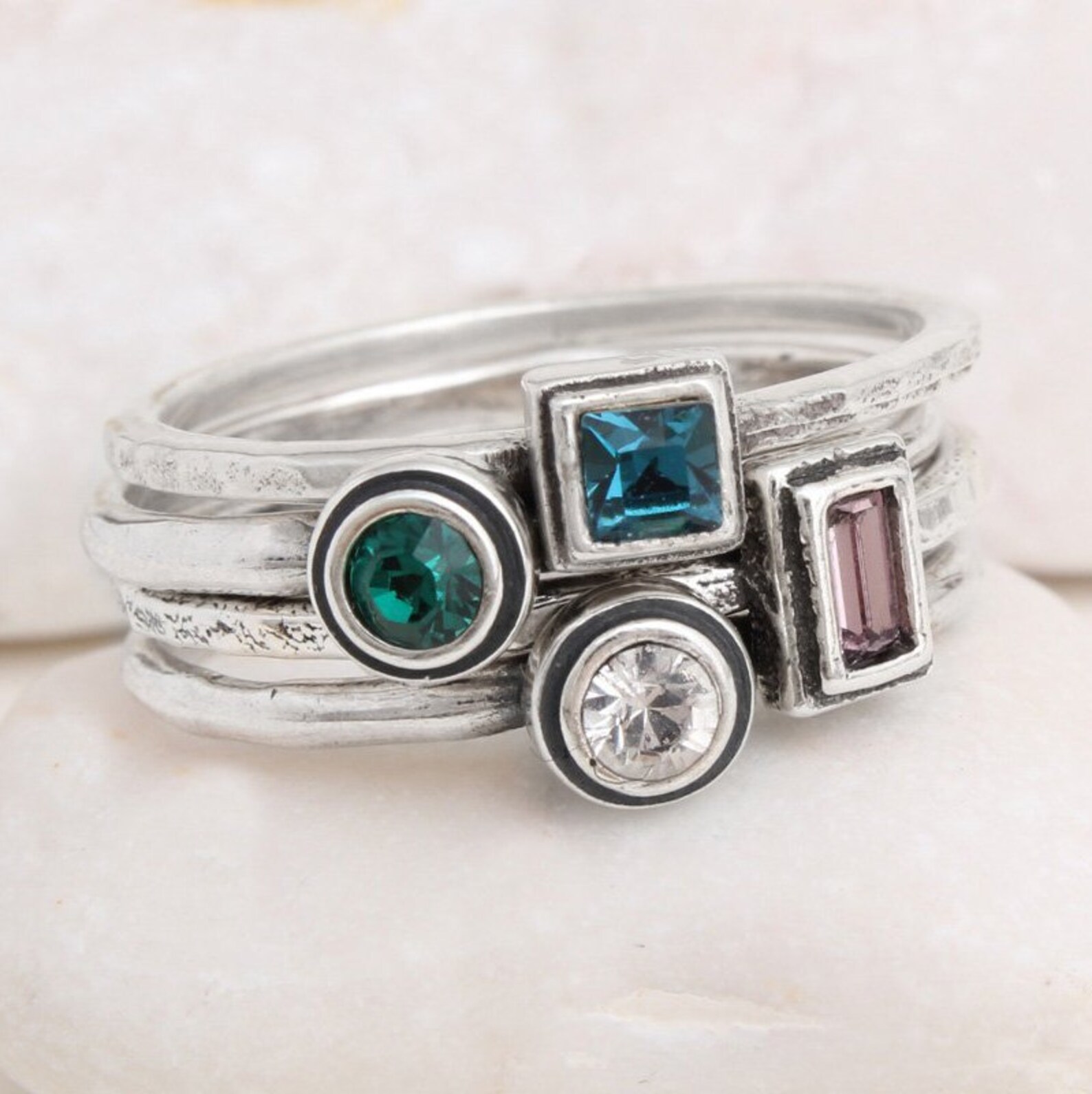 Mother's Birthstone Stack Rings Set of 4 Silver | Etsy