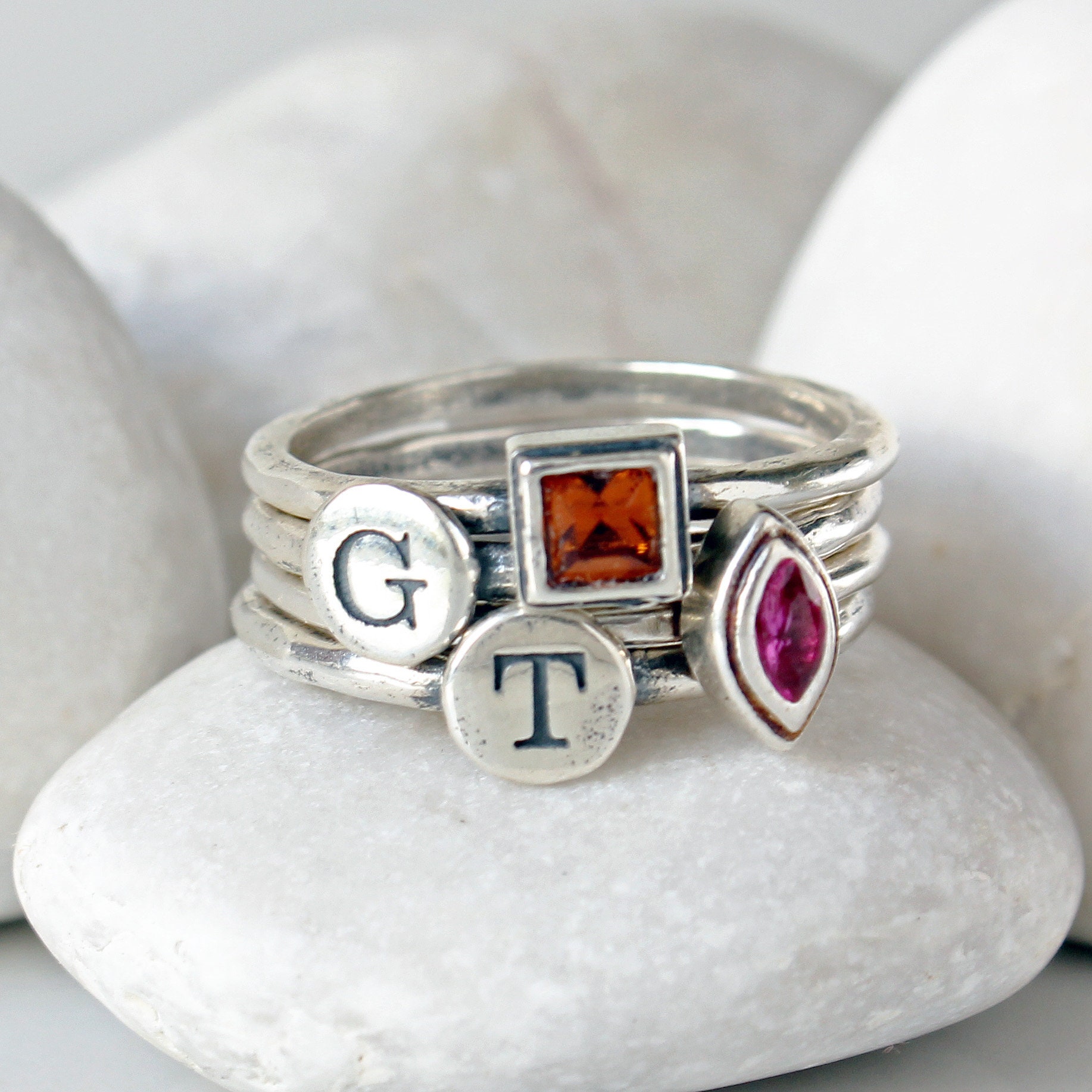 Stacking Initial Rings and Birthstone Rings in Silver Stack | Etsy