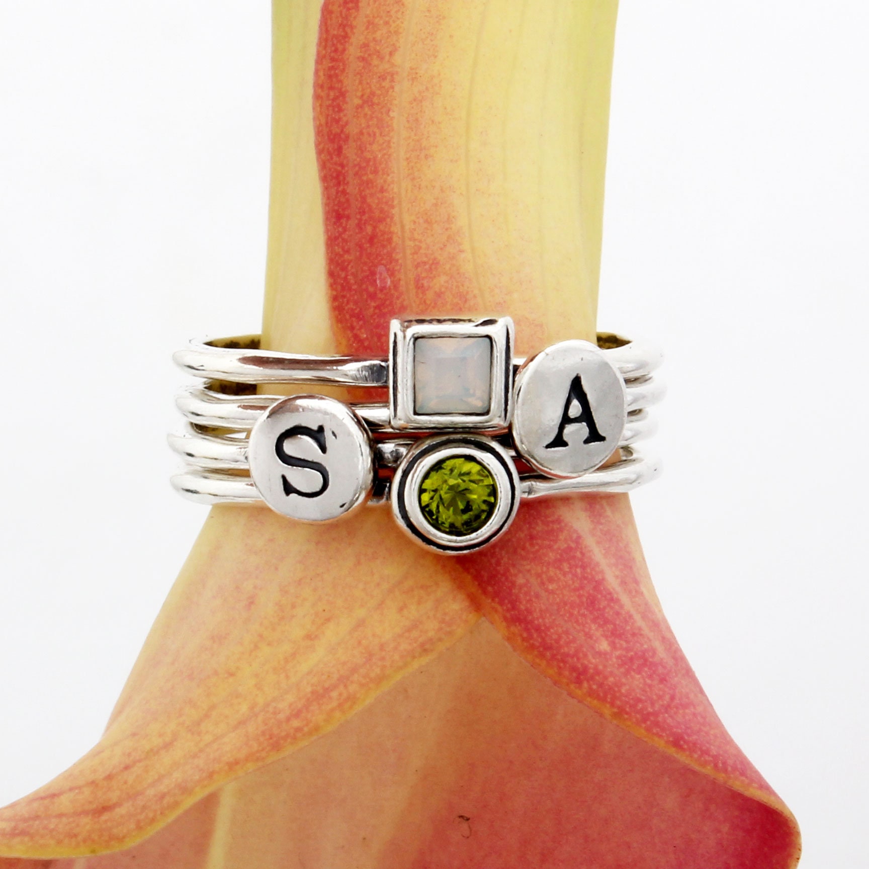 Stacking Initial Rings and Birthstone Rings in Silver Stack | Etsy