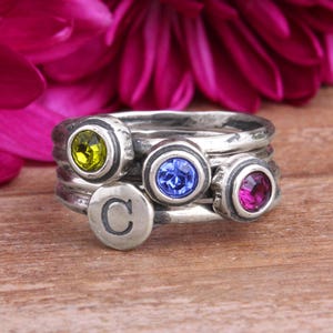 Set of 3 Stacking Family Birthstone Rings • Sterling Silver Gemstone ...