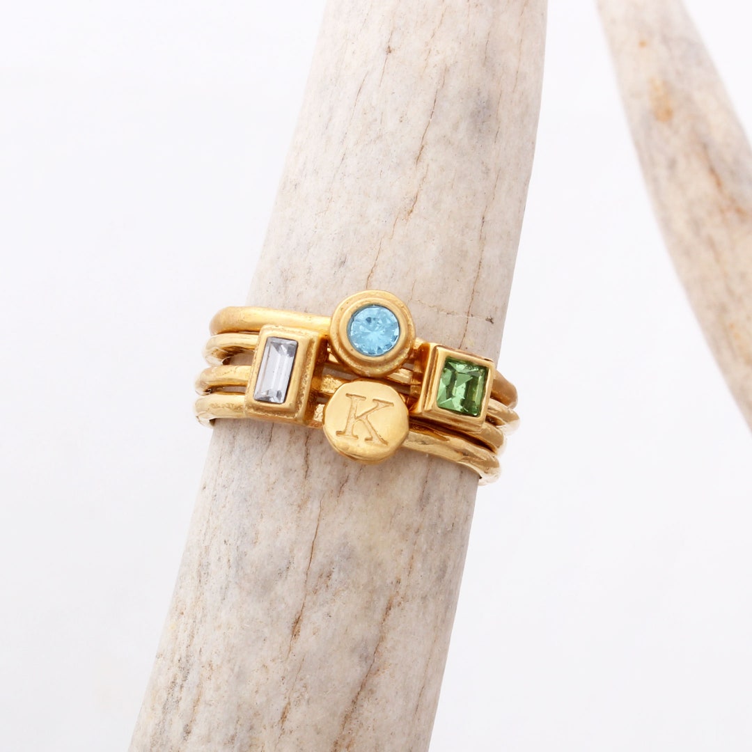 Gold Vermeil Initial Ring Set: Personalized Birthstone Stacking Rings ...