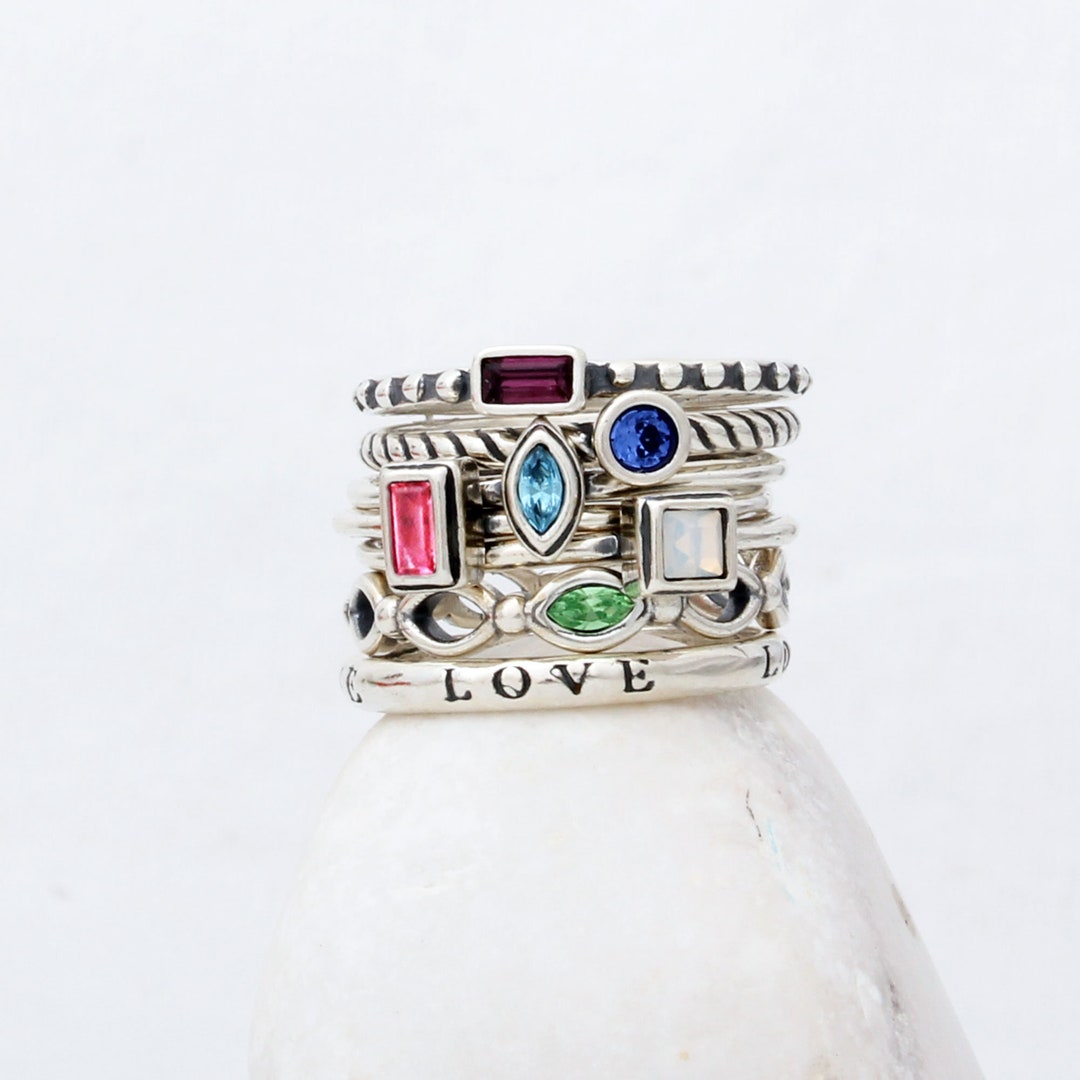 Family Birthstone Rings, Silver Personalized Dainty Ring, Christmas ...