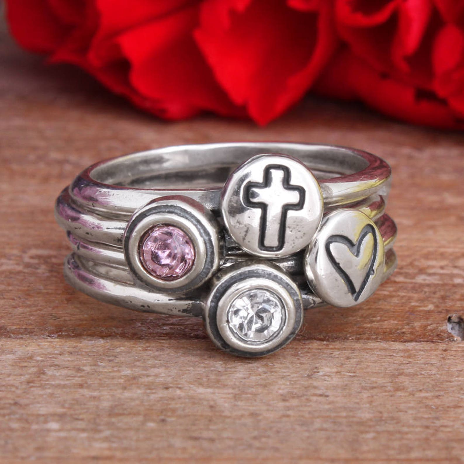 Stacking Birthstone & Cross Ring • Set of 2 Sterling Silver Stackable ...