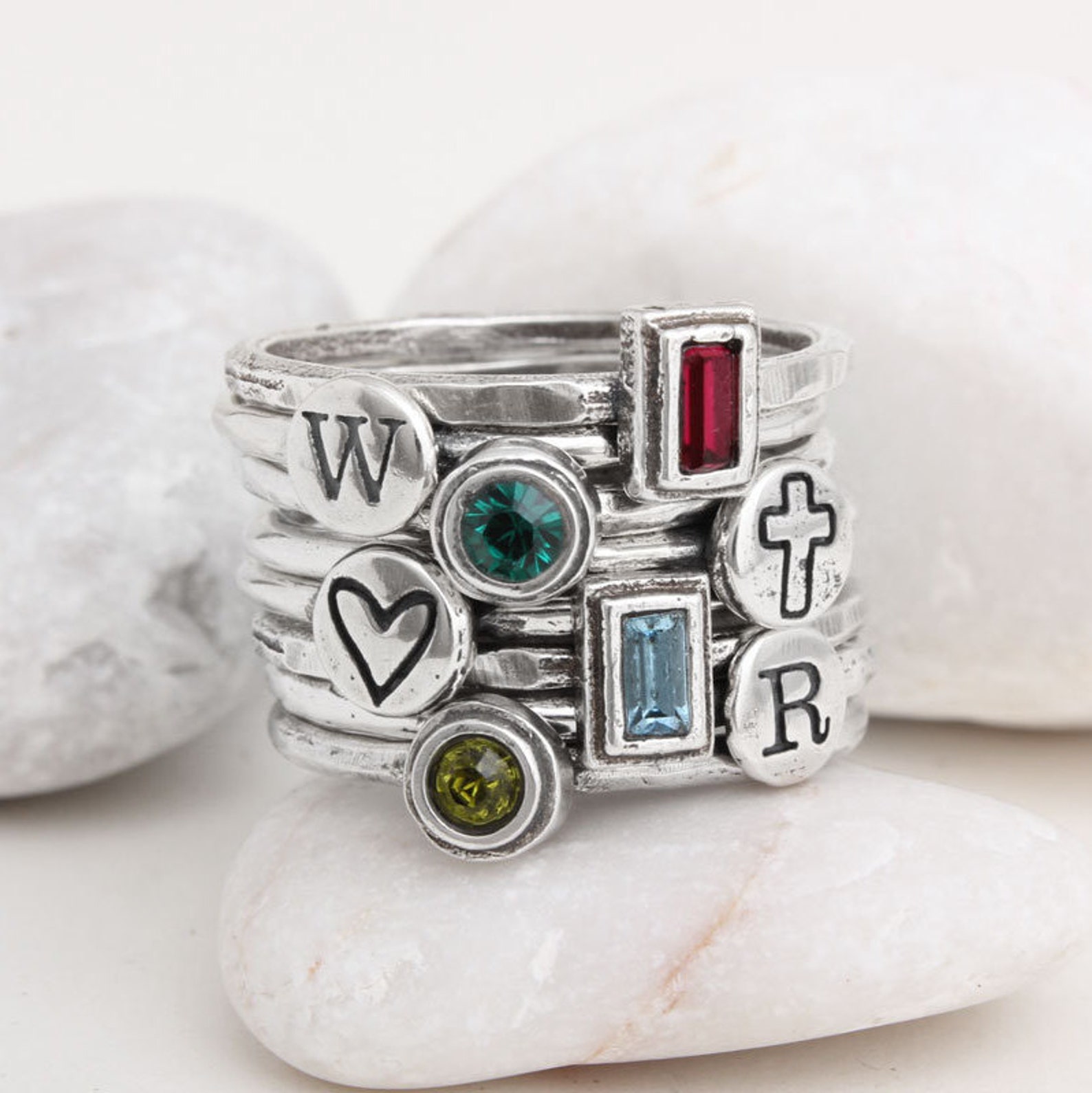 Set of 4 Silver Stacking Family Birthstone Rings Perfect for - Etsy