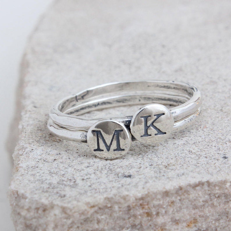 Set of 2 Silver Stack Initial Rings • Great Couple Gift • Mom Gift ...