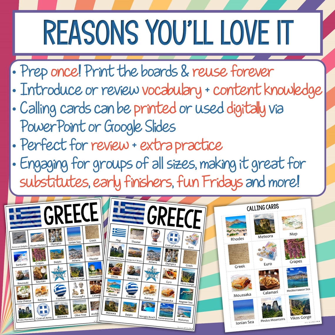 Greece Bingo Game - Printable & Digital - 40 Bingo Cards - Images and ...