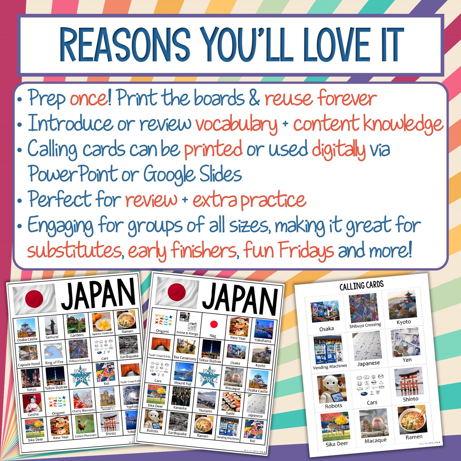 Japan Bingo Game - Printable & Digital - 40 Bingo Cards - Images and ...