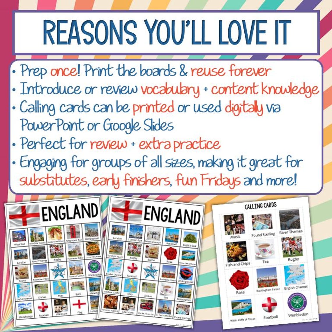 England Bingo Game - Printable & Digital - 40 Bingo Cards - Images and ...