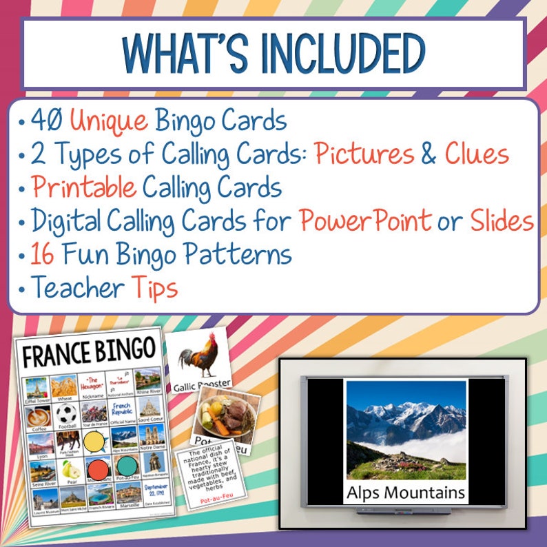 France Bingo Game - Printable & Digital - 40 Bingo Cards - Images and ...