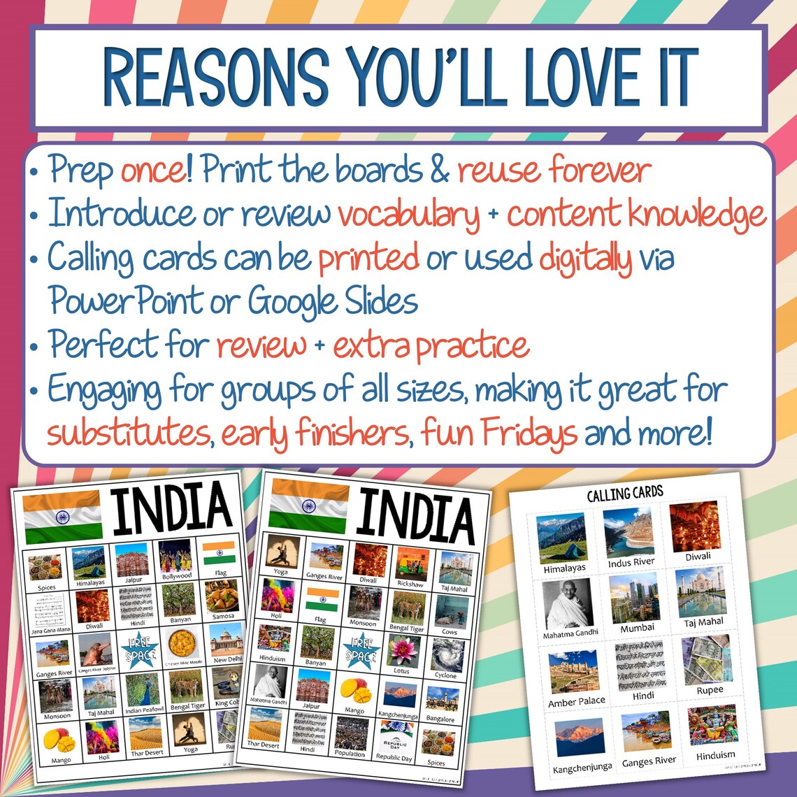 India Bingo Game - Printable & Digital - 40 Bingo Cards - Images and ...
