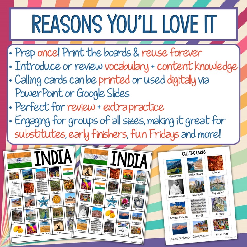 India Bingo Game - Printable & Digital - 40 Bingo Cards - Images and ...