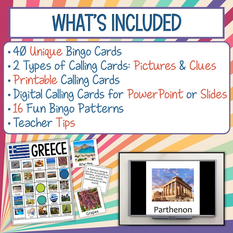 Greece Bingo Game - Printable & Digital - 40 Bingo Cards - Images and ...