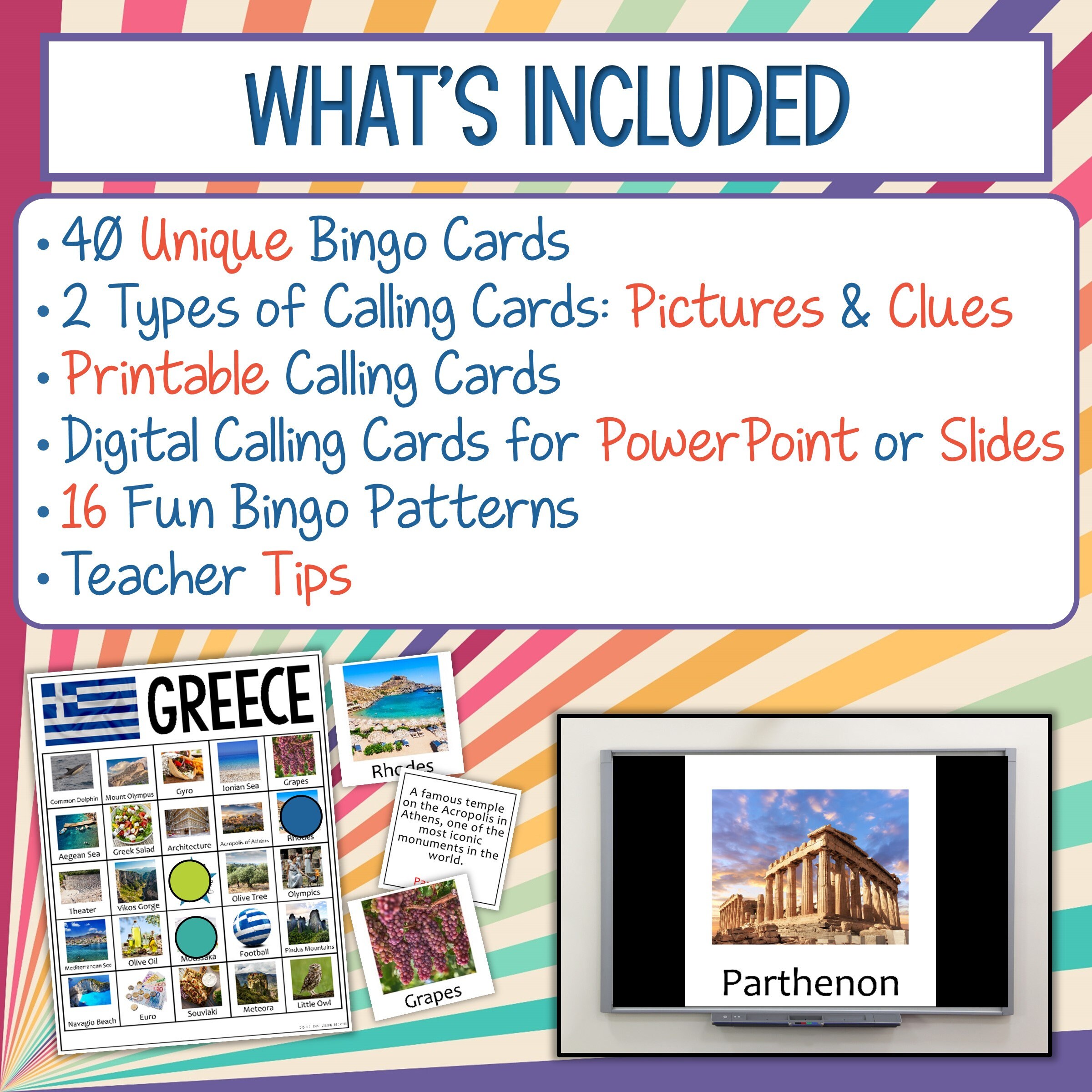 Greece Bingo Game - Printable & Digital - 40 Bingo Cards - Images and ...