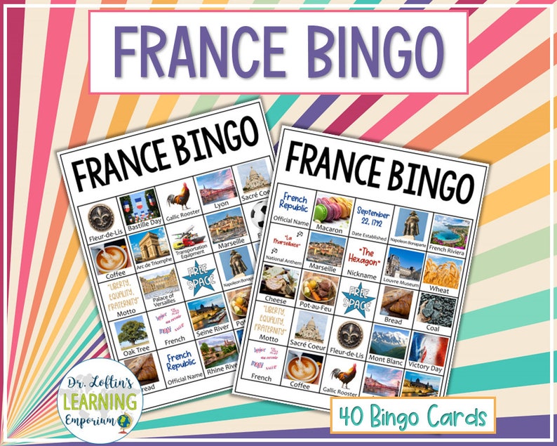 France Bingo Game - Printable & Digital - 40 Bingo Cards - Images and ...