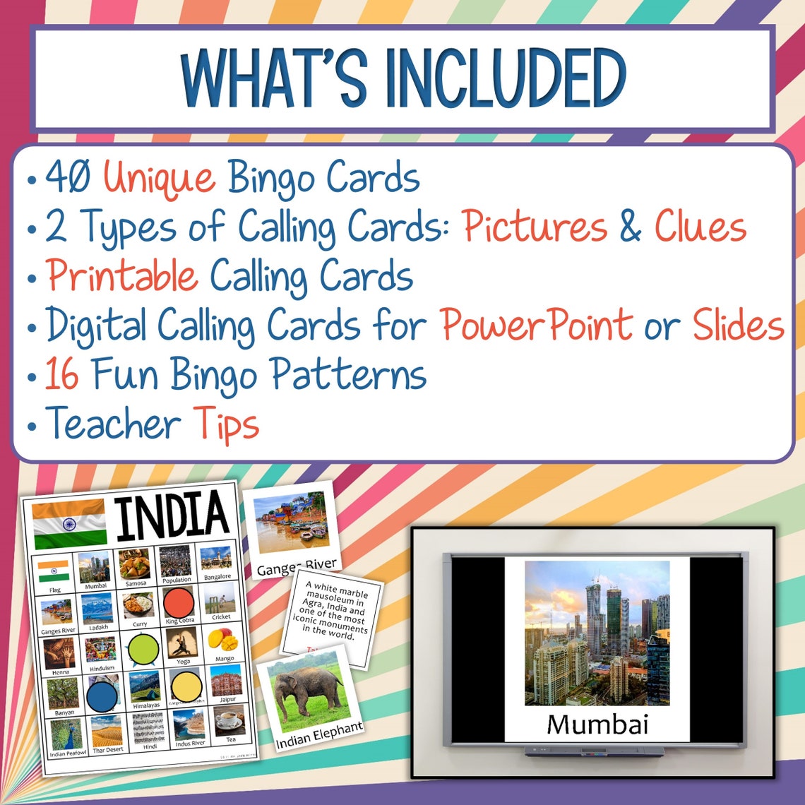India Bingo Game - Printable & Digital - 40 Bingo Cards - Images and ...