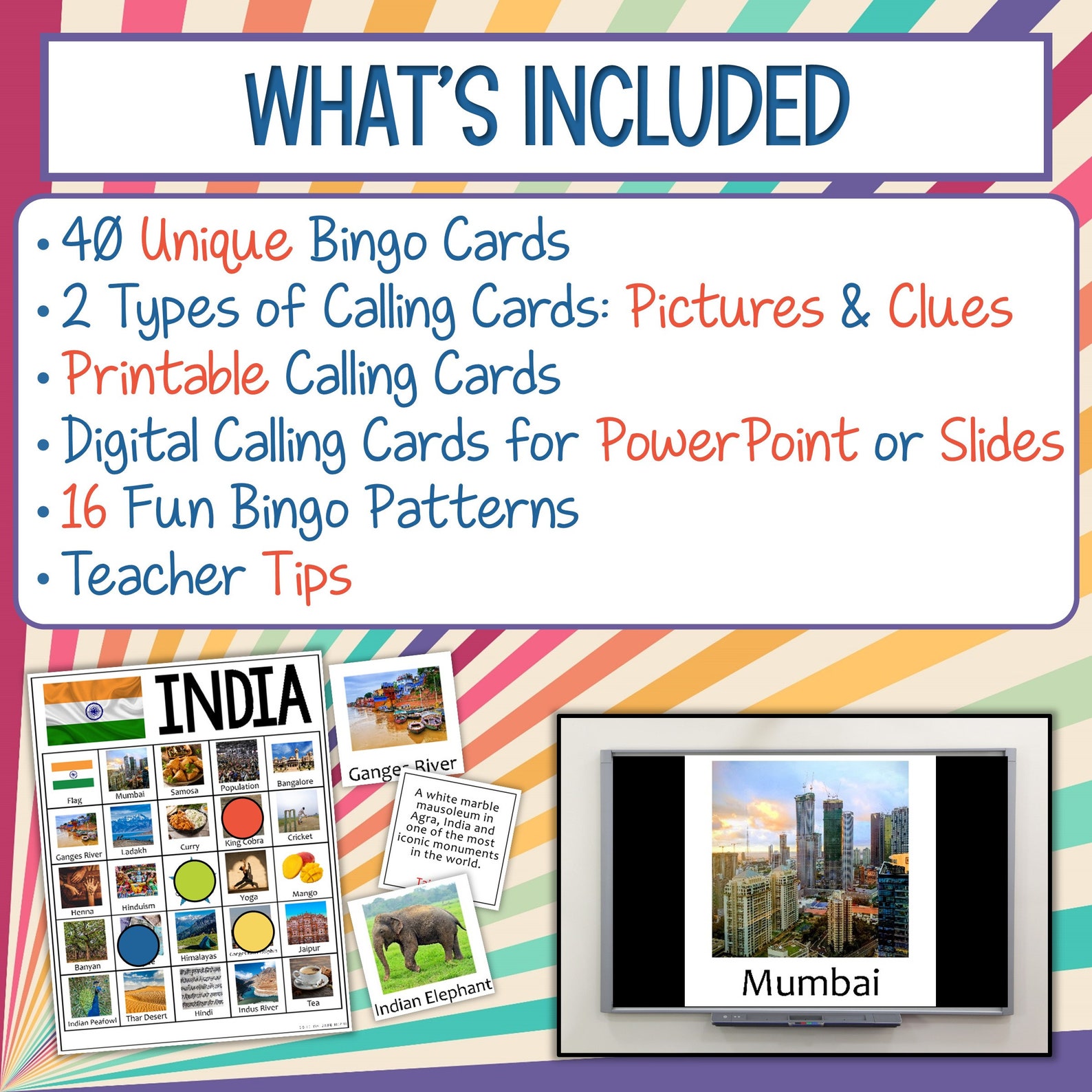 India Bingo Game - Printable & Digital - 40 Bingo Cards - Images and ...