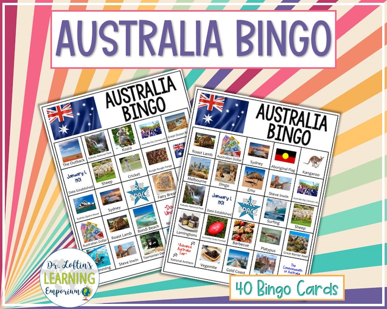Australia Bingo Game - Printable & Digital - 40 Bingo Cards - Images ...