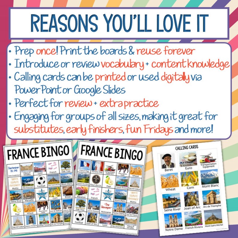 France Bingo Game - Printable & Digital - 40 Bingo Cards - Images and ...