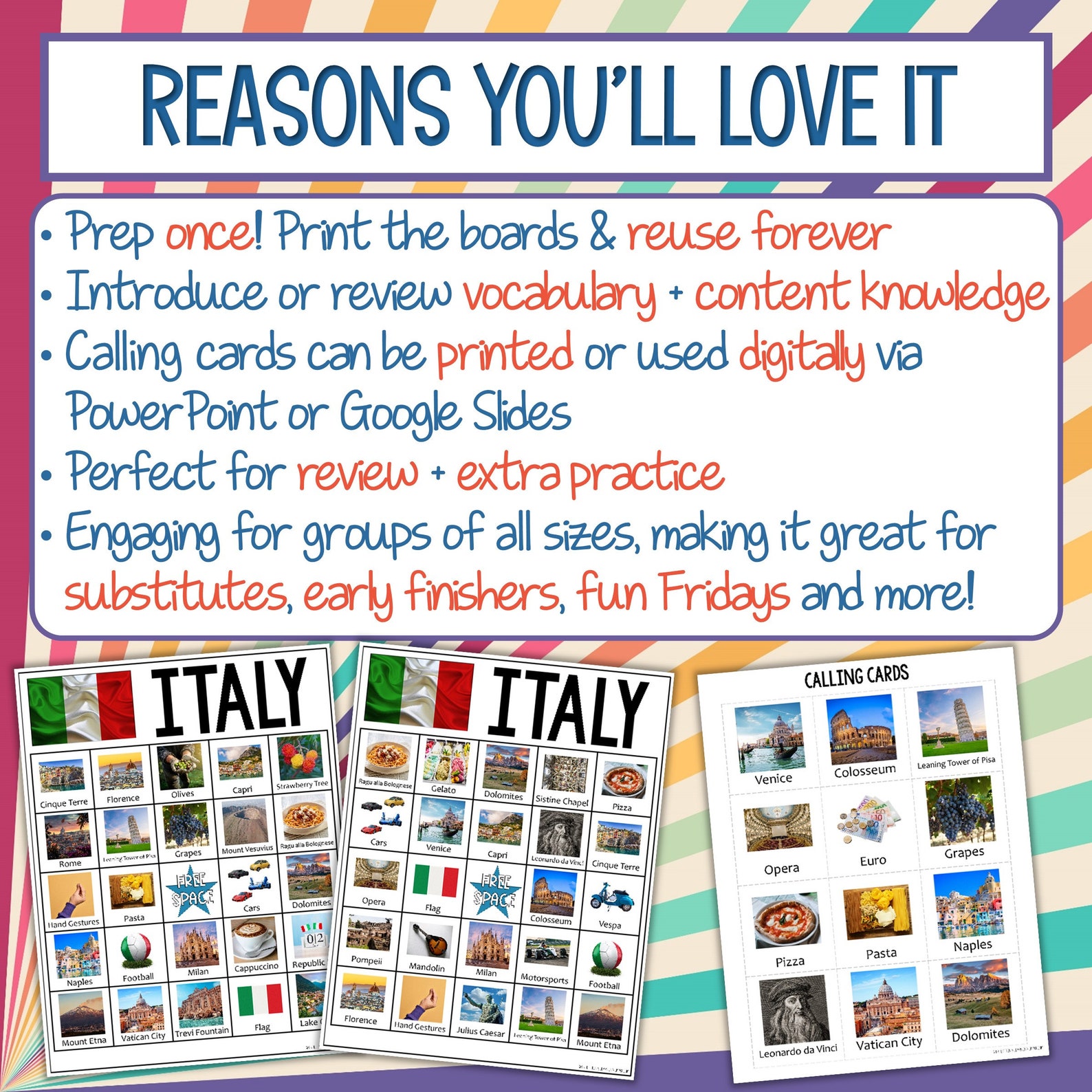 Italy Bingo Game - Printable & Digital - 40 Bingo Cards - Images and ...