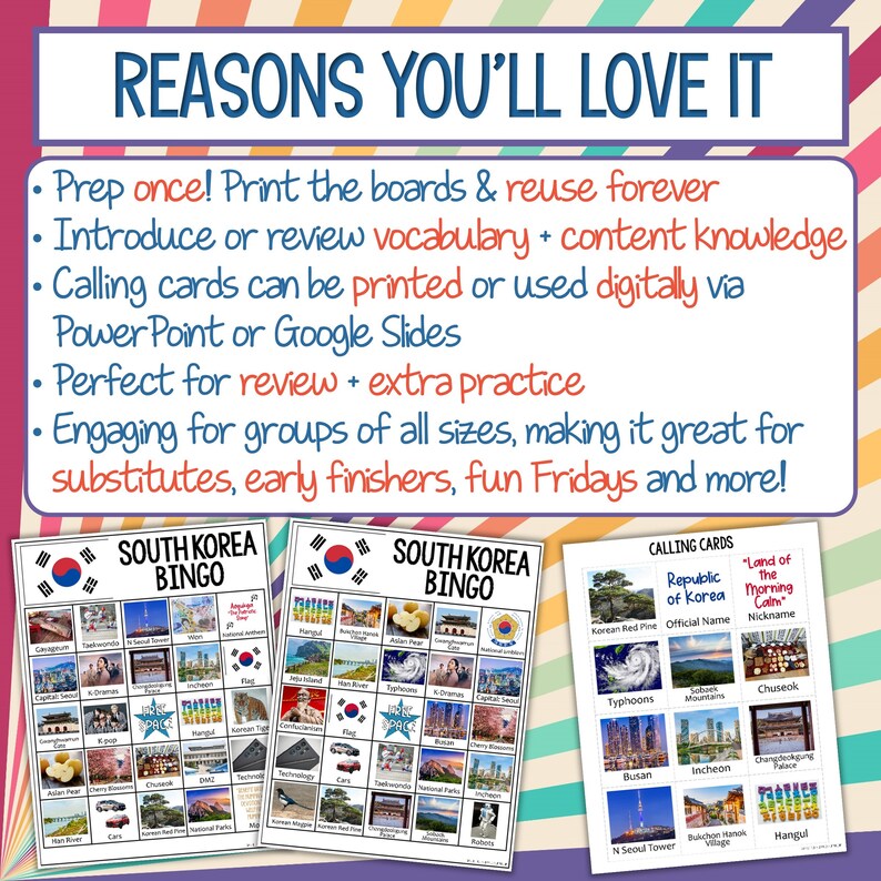 South Korea Bingo Game - Printable & Digital - 40 Bingo Cards - Images ...