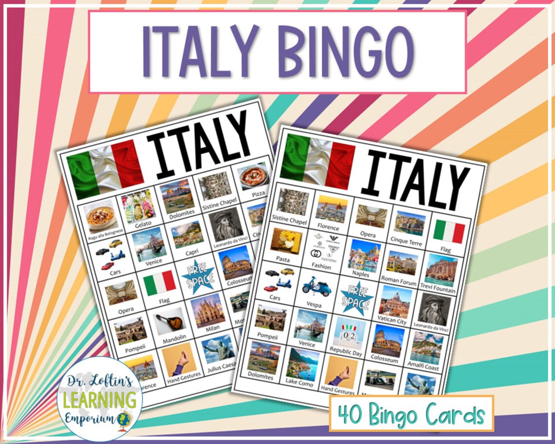 Italy Bingo Game - Printable & Digital - 40 Bingo Cards - Images and ...