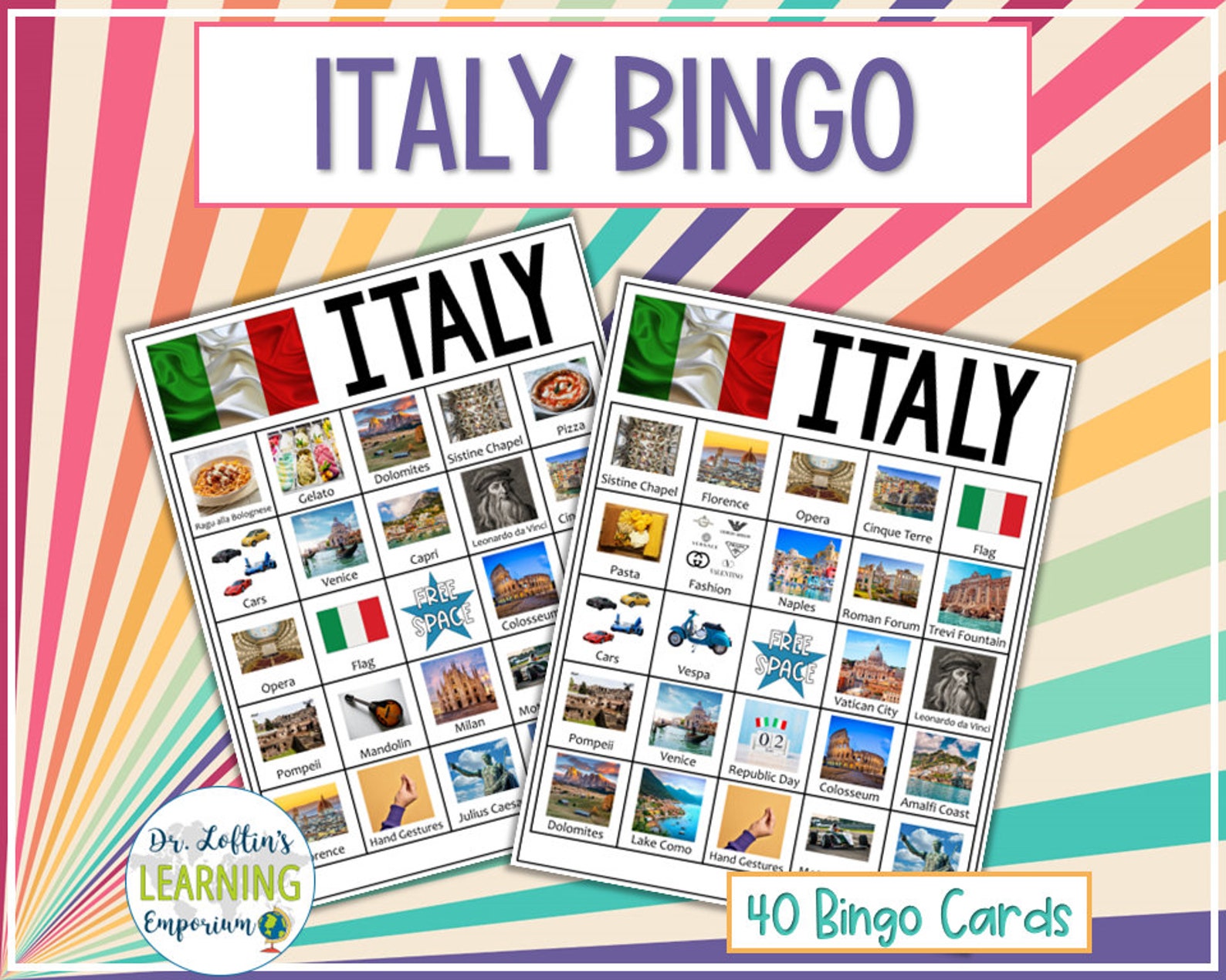 Italy Bingo Game - Printable & Digital - 40 Bingo Cards - Images and ...